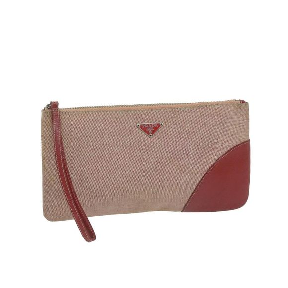 Prada | Bags | Pre Loved Prada Canvas Clutch Red Leather Trim Unisex ...